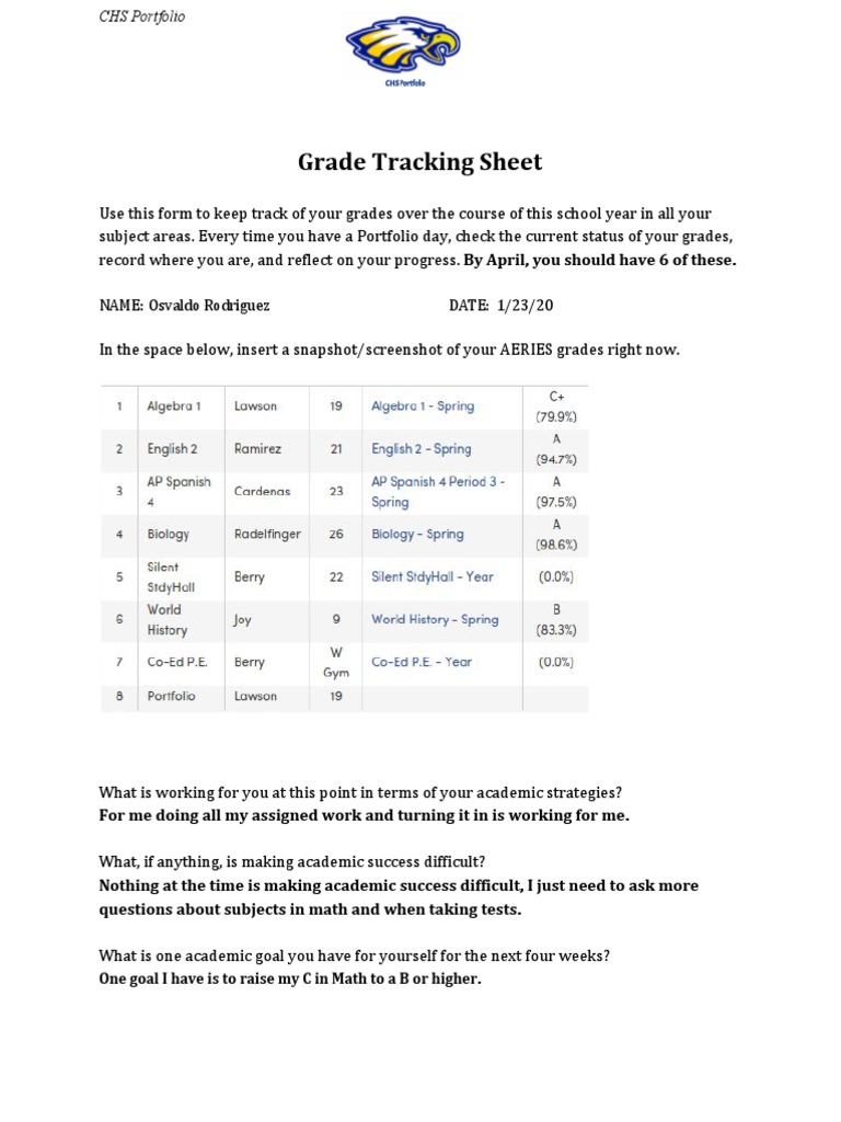 Grade Tracking Sheet 4 | PDF