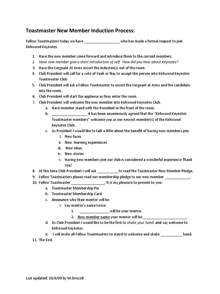 Toastmaster New Member Induction Process | PDF
