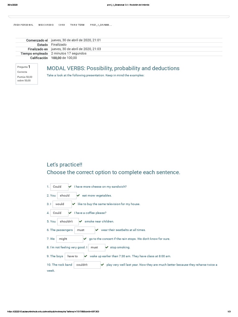 Pref - 1 - Grammar 3.1 - Revisión Del Intento | PDF | English Language ...