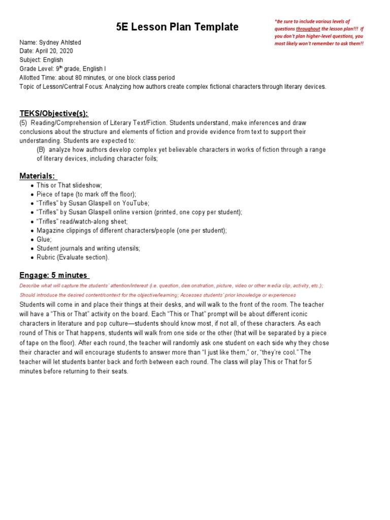 5E Lesson Plan Template: TEKS/Objective(s) | PDF | Business