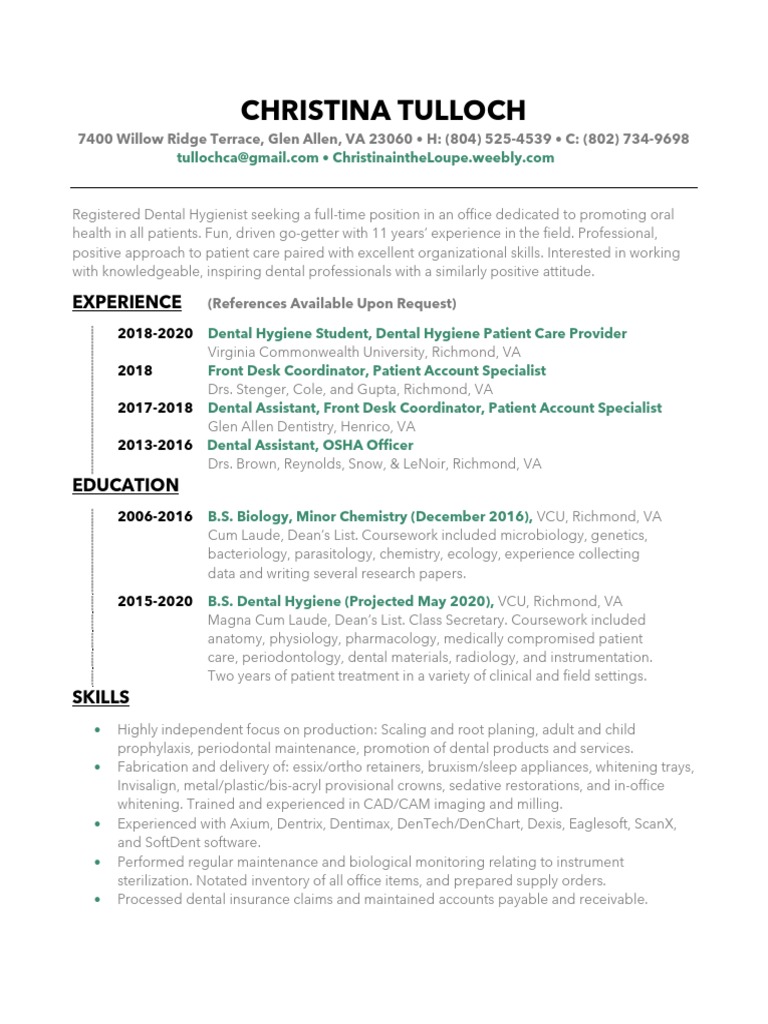 Tulloch DH Resume | PDF | Dental Hygienist | Dentistry