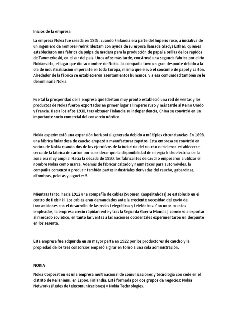 Inicios de La Empresa NOKIA | PDF | Nokia | Equipo de usuario de ...