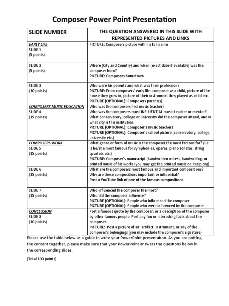 Composer PowerPoint Presentation Guidelines | PDF | Composers | Sheet Music