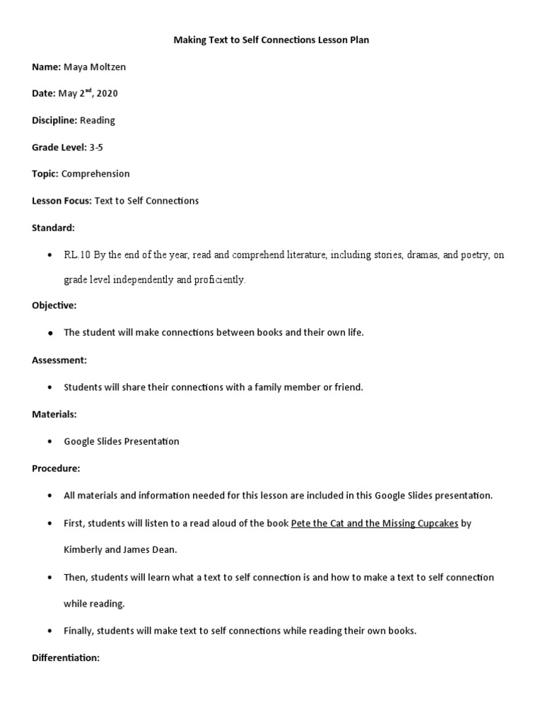 Text to Self Connections Lesson Plan | PDF | Social Science | General ...