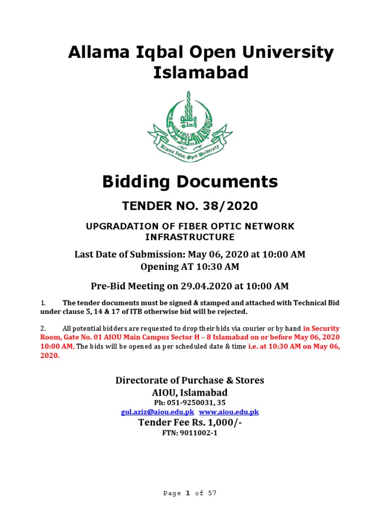 AIOU Fiber Optic Network Tender 2020 | PDF | Specification (Technical ...