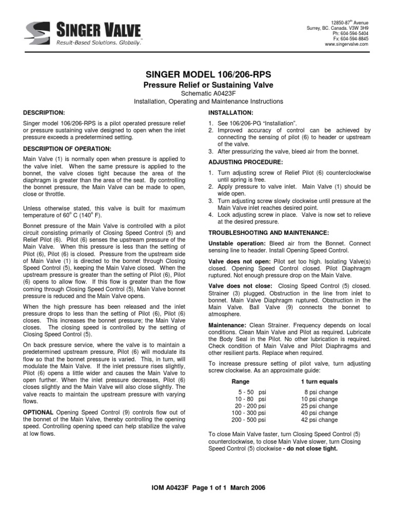 SINGER MODEL 106/206-RPS: Pressure Relief or Sustaining Valve | PDF ...