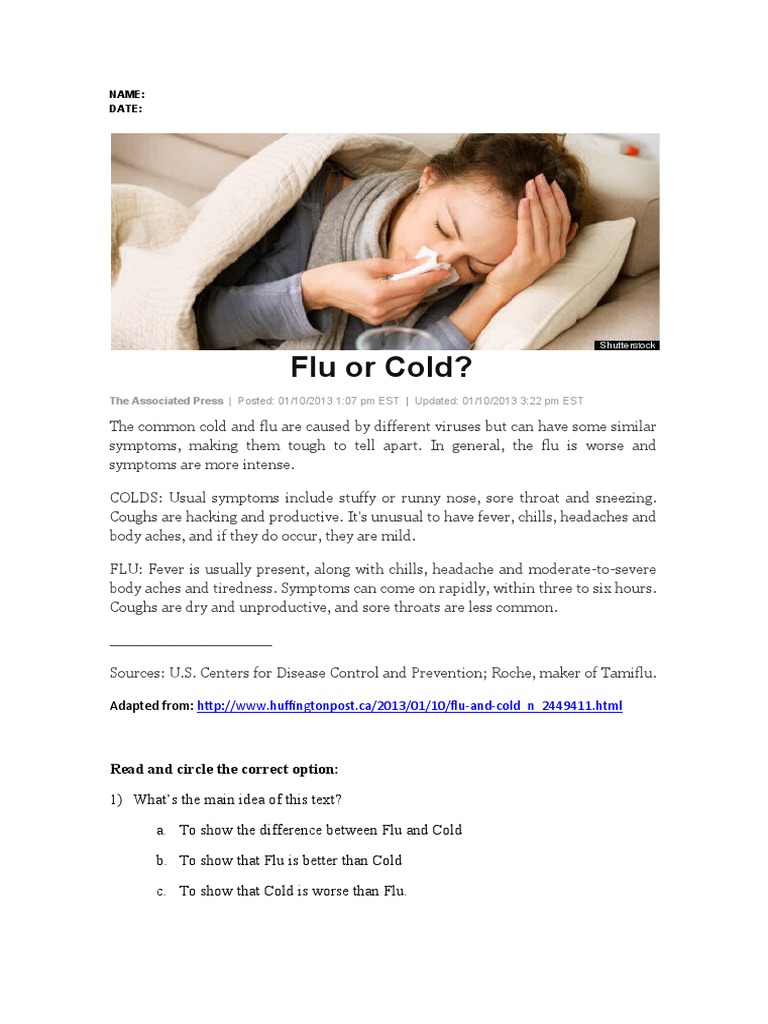 Flu or Cold?: Name: Date | PDF | Common Cold | Influenza