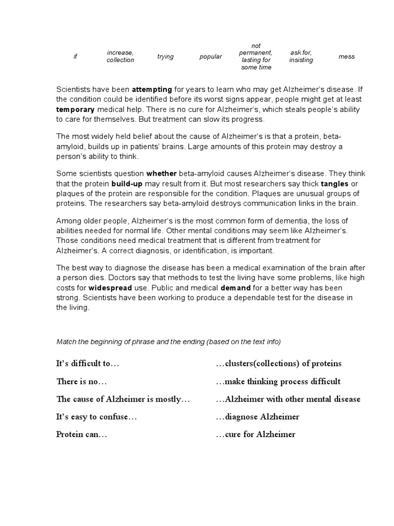 Alzheimer Worksheet | PDF | Alzheimer's Disease | Amyloid Beta