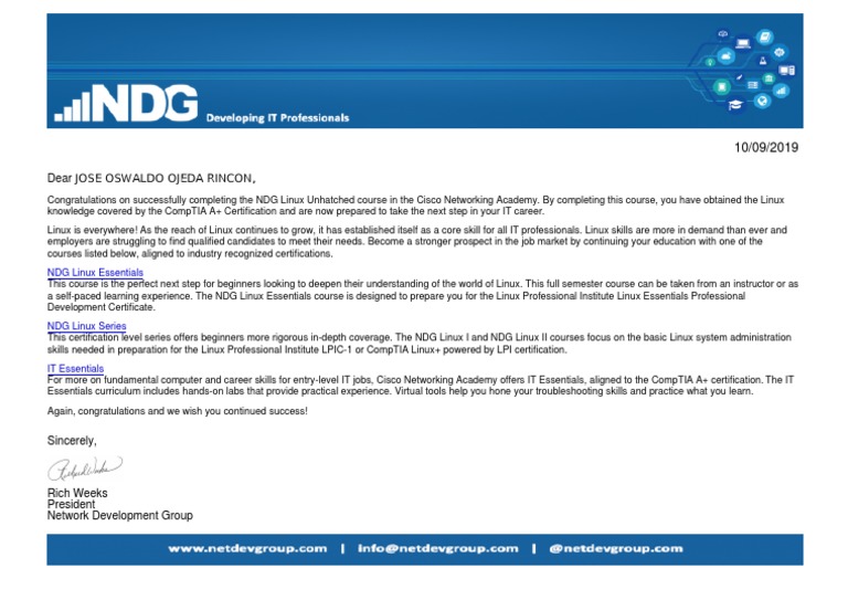 Congratulations on Completing the NDG Linux Unhatched Course and Next ...