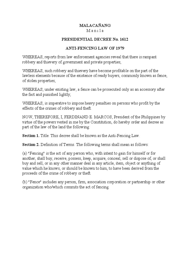 ANTI-FENCING LAW OF 1979 Part1 | PDF | Law
