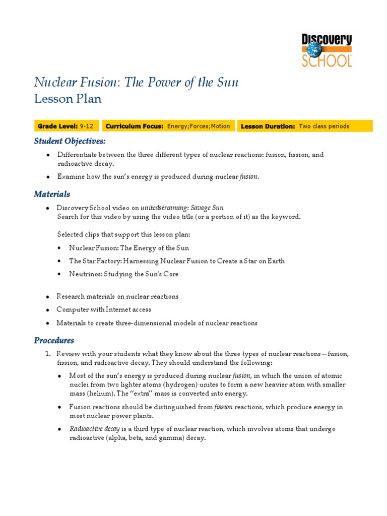 Nuclear Fusion: The Power of The Sun: Lesson Plan | PDF | Nuclear ...