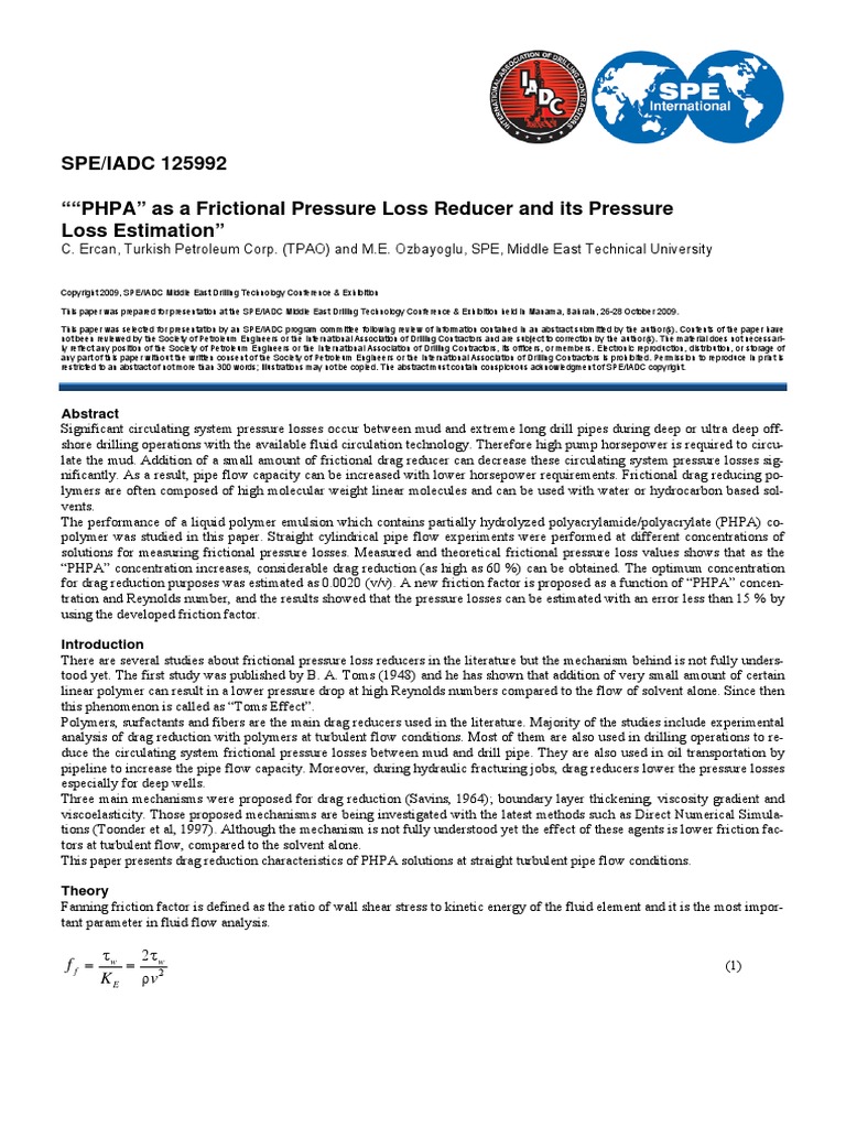PHPA As A Frictional Pressure Loss Reducer and Its Pressure Loss ...