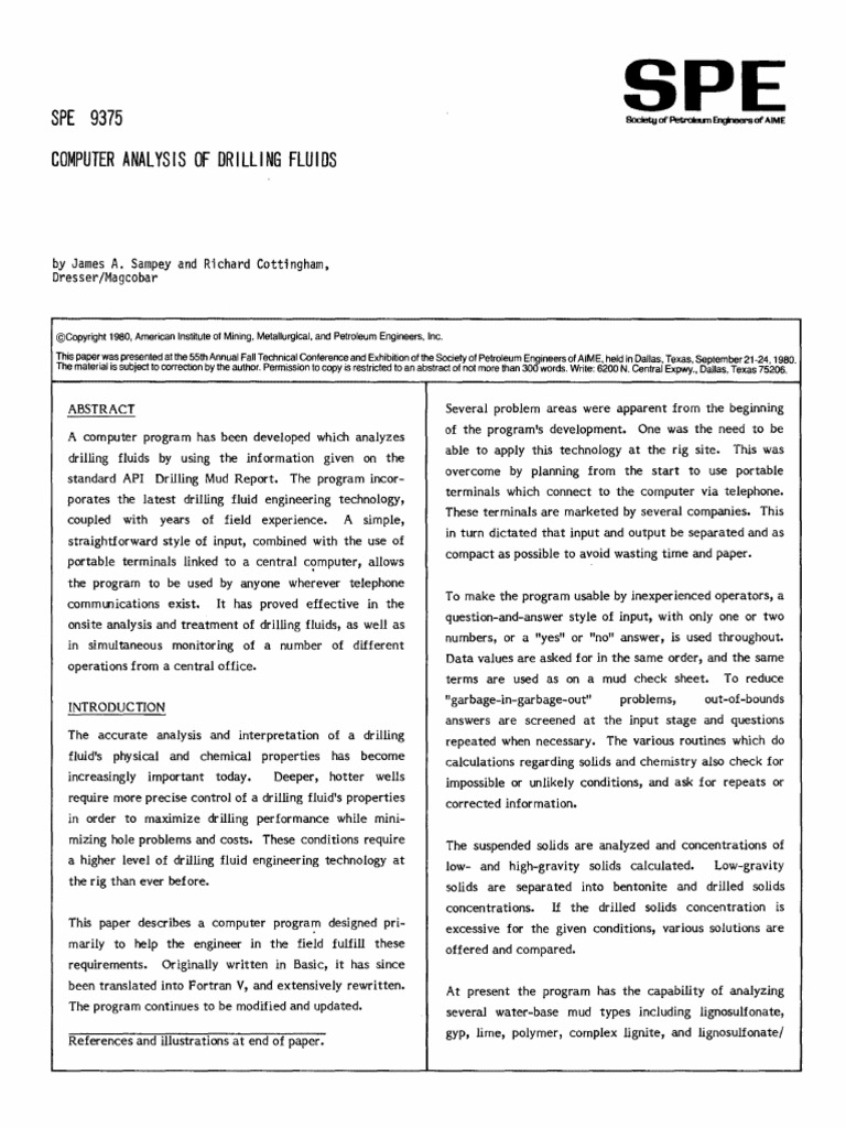 SPE 9375 Computer Analysis of Drilling Fluids: by James A. Sampey and ...