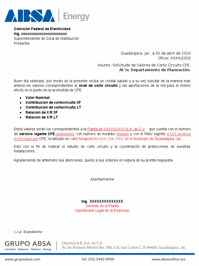 Oficio Solicitud Valores Corto Circuito CFE | PDF