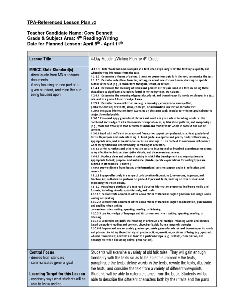 4-Day Reading/Writing Plan for 4th Grade | PDF | Teachers | Lesson Plan