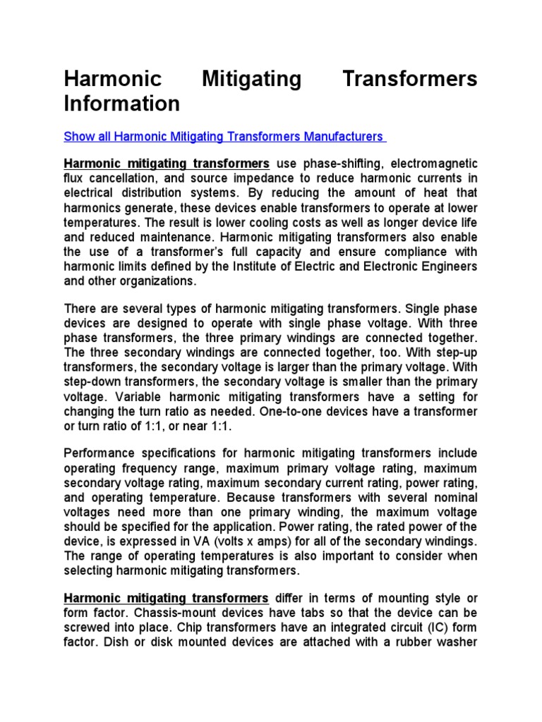 Harmonic Mitigating Transformers Information | PDF | Transformer | Electricity