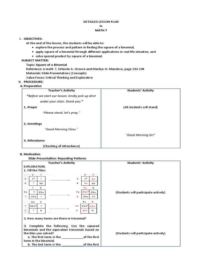 Lesson Plan 4 - Square of A Binomial | PDF | Lesson Plan | Teachers
