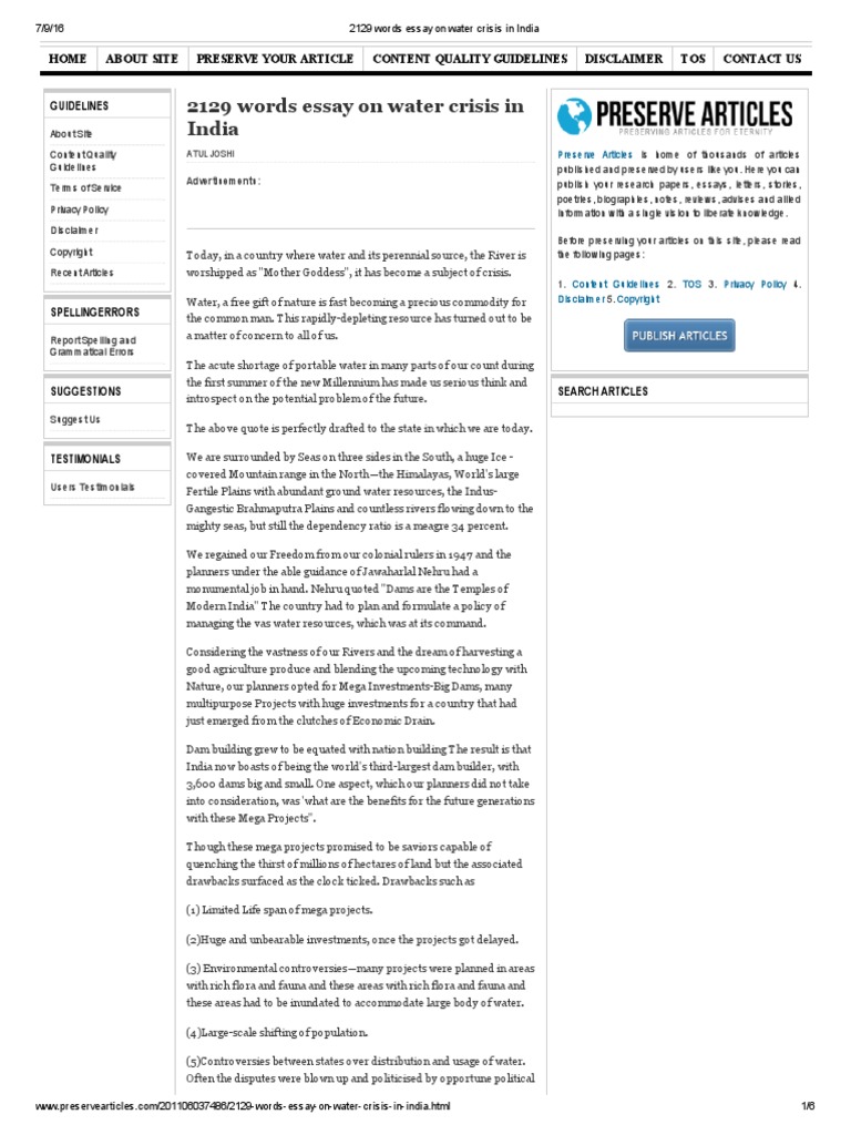 2129 Words Essay On Water Crisis in India PDF | PDF | Water Resources ...