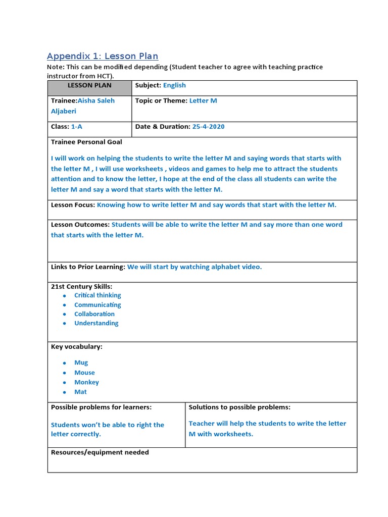 Appendix 1: Lesson Plan: Instructor From HCT) | PDF | Lesson Plan ...