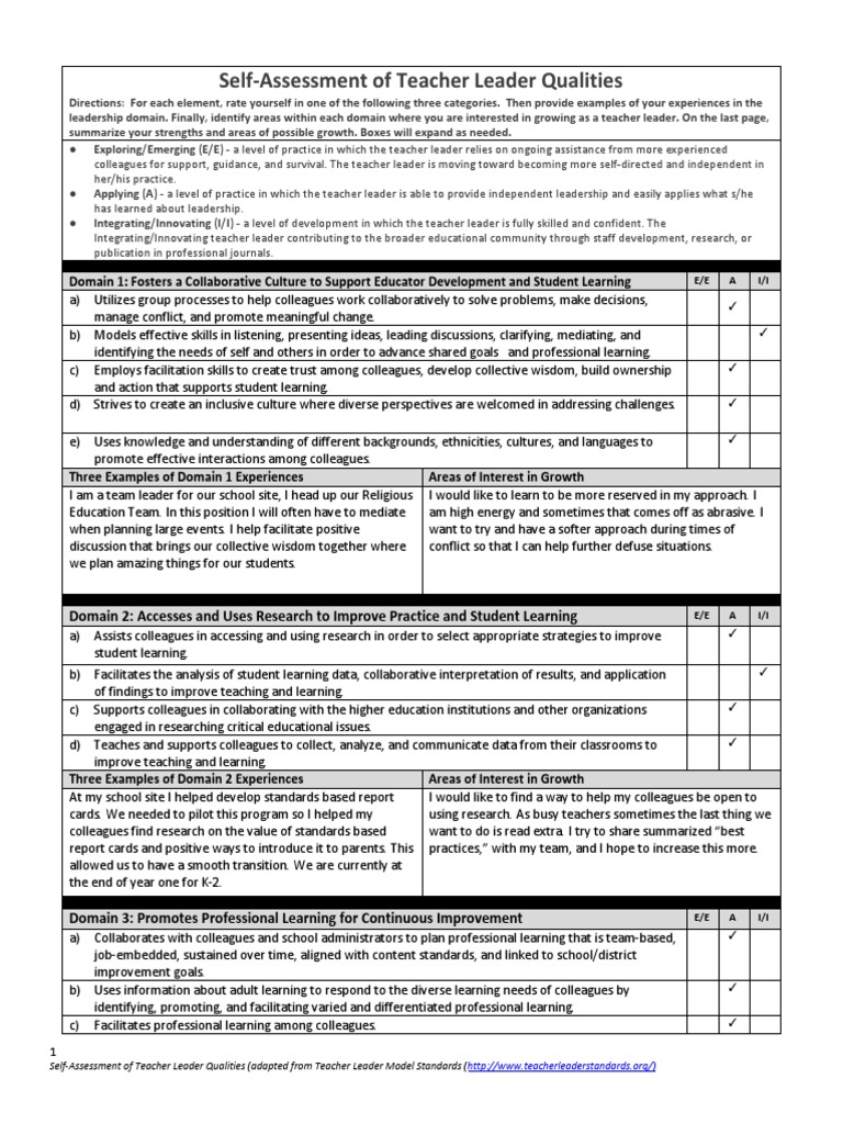 Self-Assessment of Teacher Leader Qualities | PDF | Leadership ...
