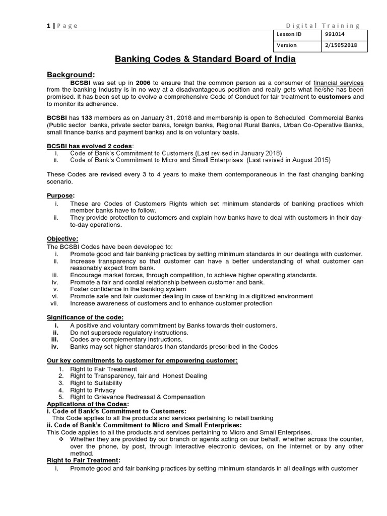 Banking Code BCSBI PDF | PDF | Financial Transaction | Banks