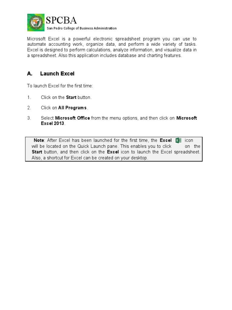 Spcba: A. Launch Excel | PDF | Microsoft Excel | Spreadsheet