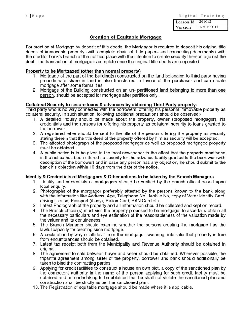 Creating Equitable Mortgages Explained | PDF | Mortgage Law | Deed