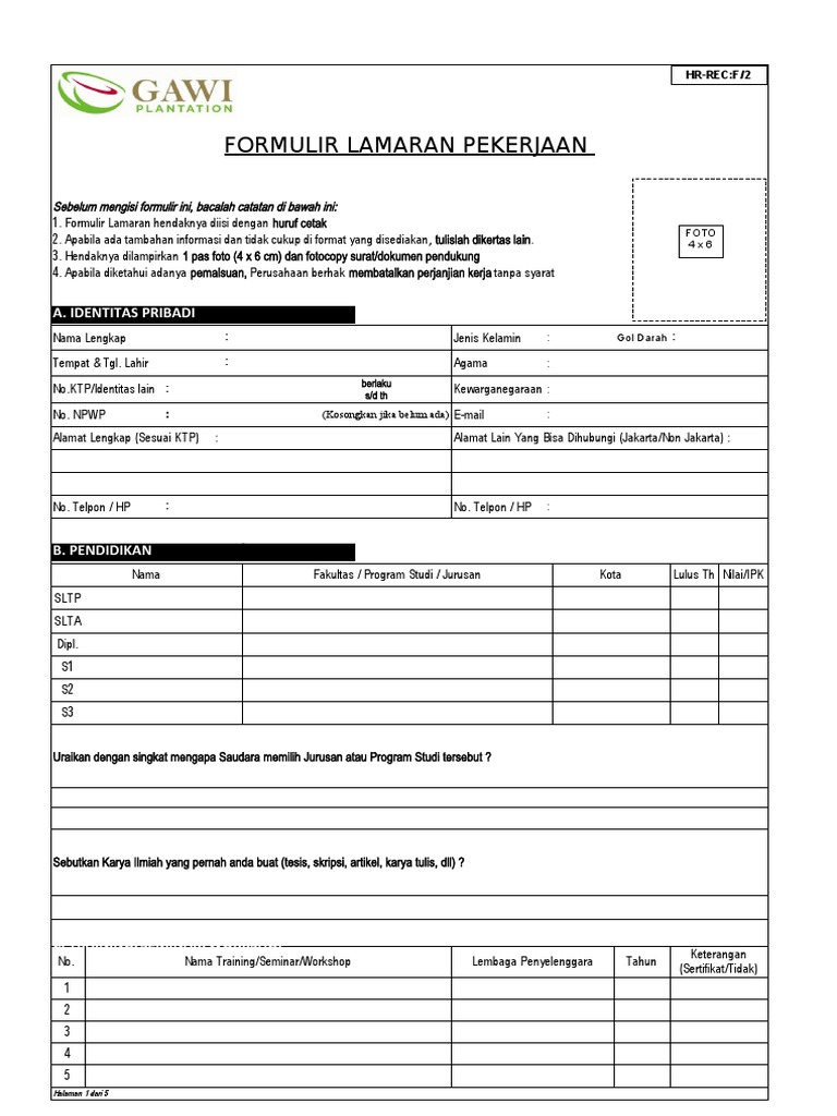 Formulir Biodata Pelamar | PDF