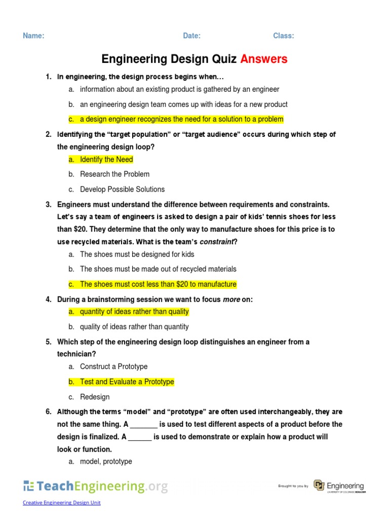Engineering Design Quiz | PDF | Engineering Design Process | Prototype
