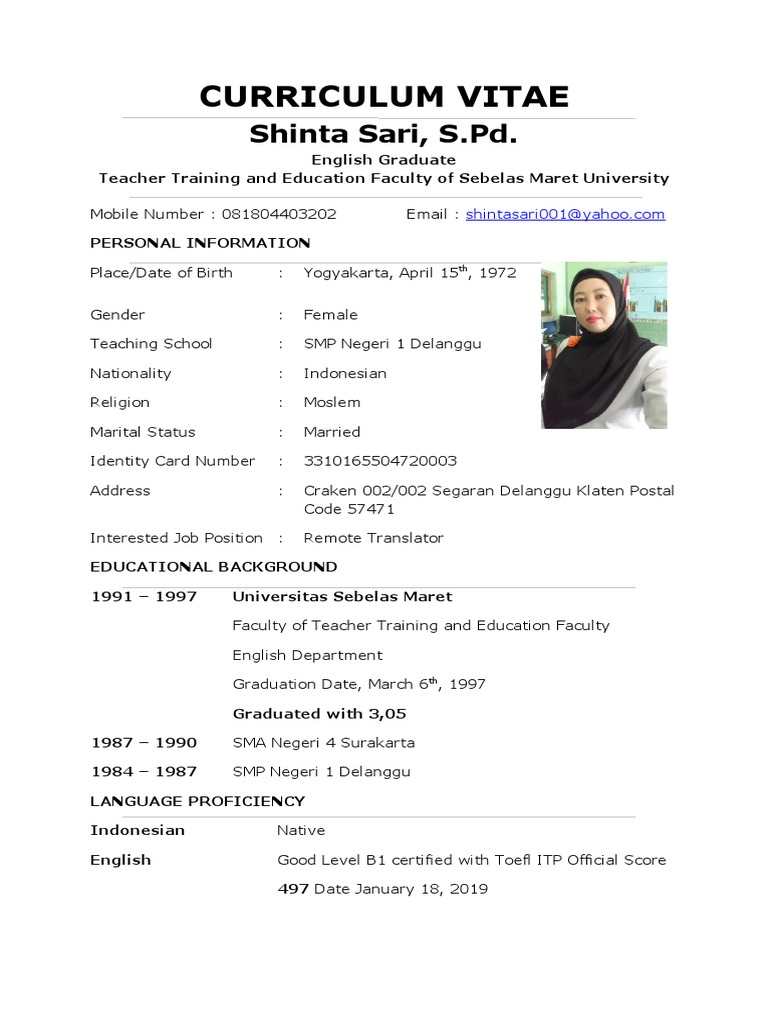 English Teacher CV - Shinta Sari | PDF