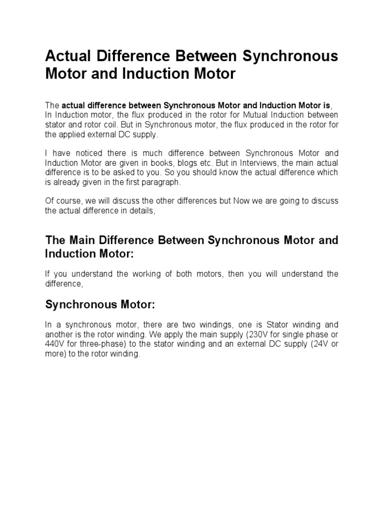 Actual Difference Between Synchronous Motor and Induction Motor | PDF ...