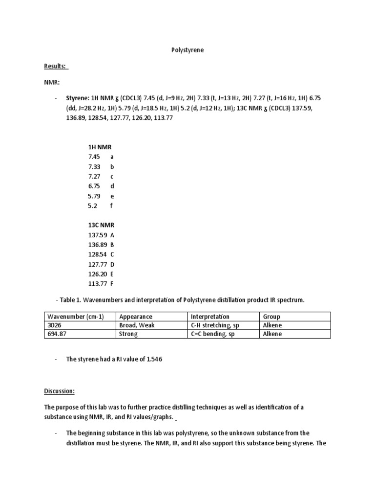 Polystyrene Lab Report Finished | PDF | Alkene | Carbon 13 Nuclear ...