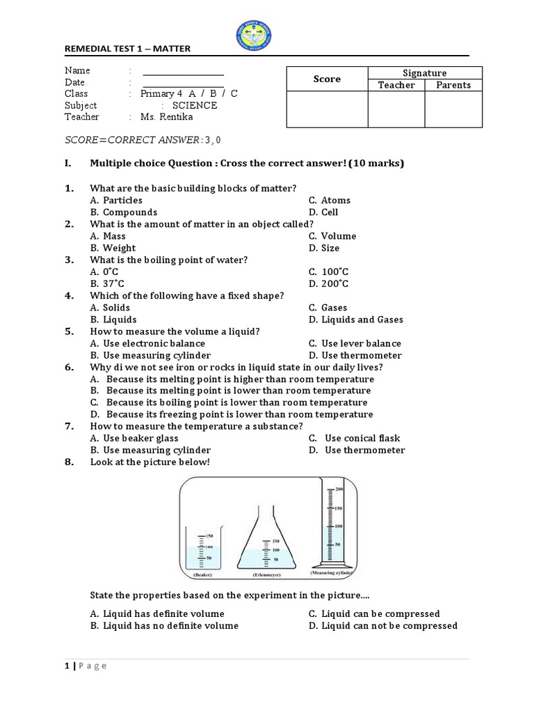 Remedial Test 1 | PDF | Liquids | Melting Point