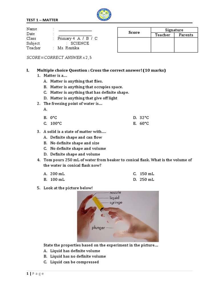 Primary 4 Science Test: States of Matter | PDF | Liquids | Matter
