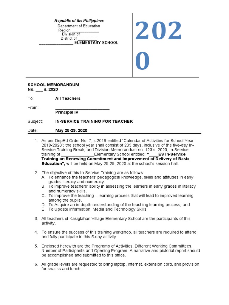School Memo INSET MAY 2020 | PDF | Teachers | Literacy