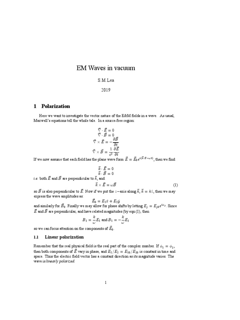 EM Waves in Vacuum: 1 Polarization | PDF | Polarization (Waves) | Waves