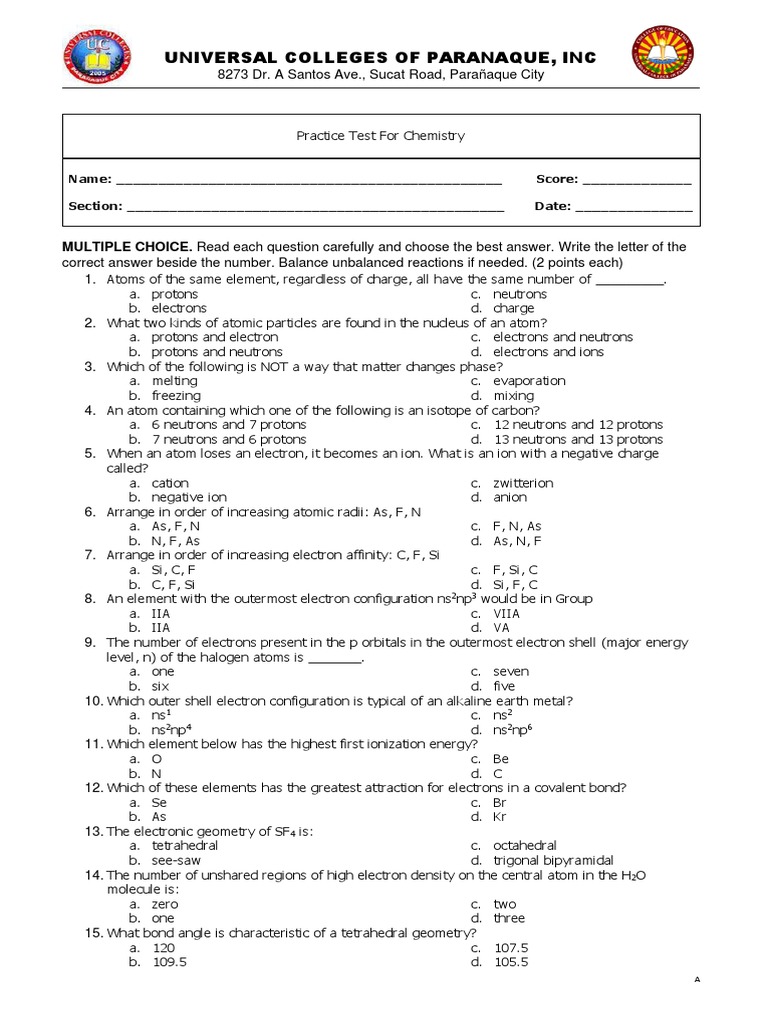 Chemistry Practice Test | PDF | Ion | Mole (Unit)