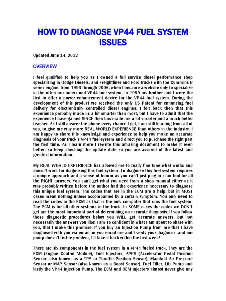 How To Diagnose Vp44 Fuel System Issues | PDF | Fuel Injection | Throttle