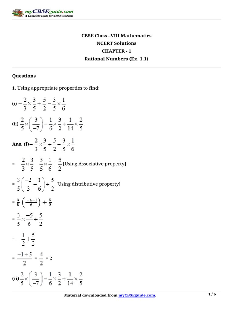 CBSE Class - VIII Mathematics NCERT Solutions Chapter - 1 Rational ...