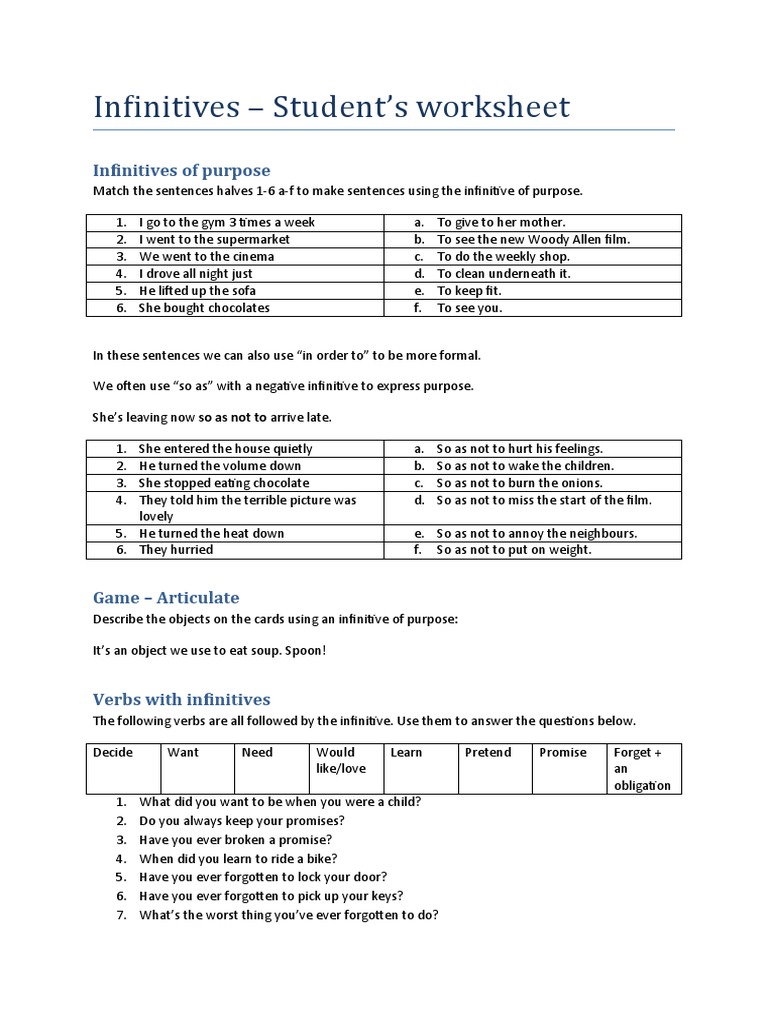 Infinitives Students Sheet | PDF | Morphology | Language Mechanics