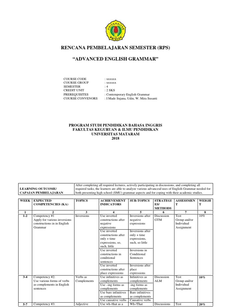 Rencana Pembelajaran Semester (RPS) : "Advanced English Grammar" | PDF ...