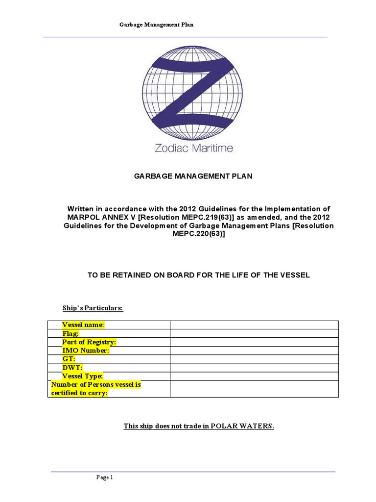 Ship's Garbage Management Plan (April 2018) - Apr 18 | PDF | Waste ...