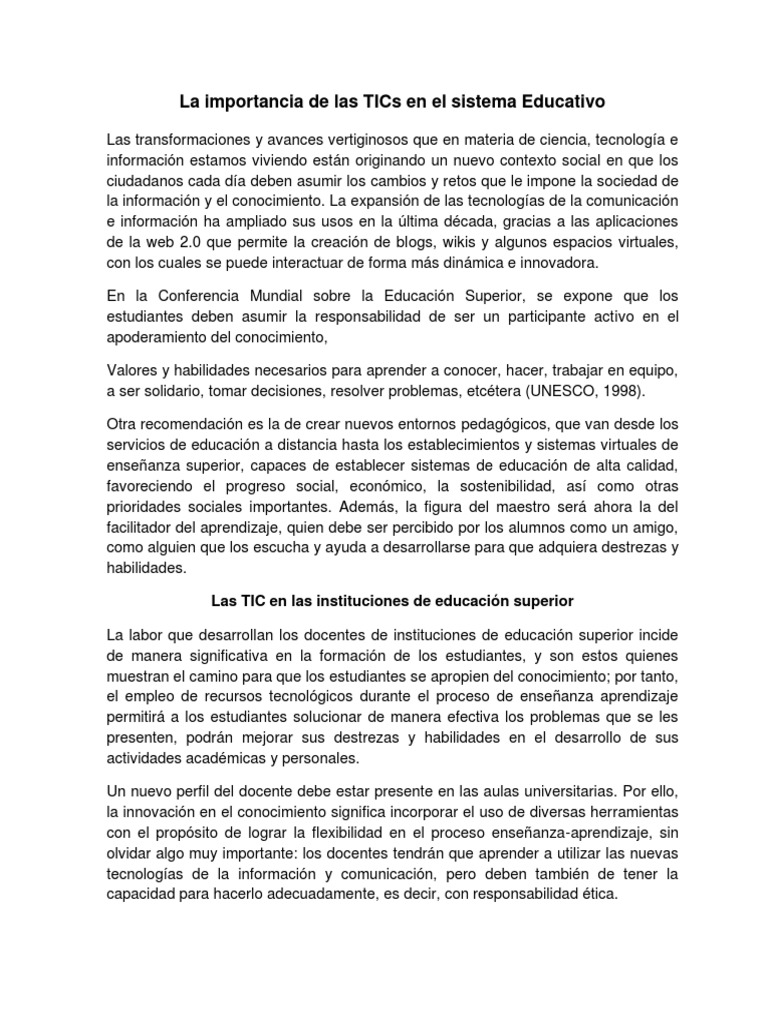 La Importancia de Las TICs PDF | PDF | Tecnología de información y comunicaciones | Salón de clases