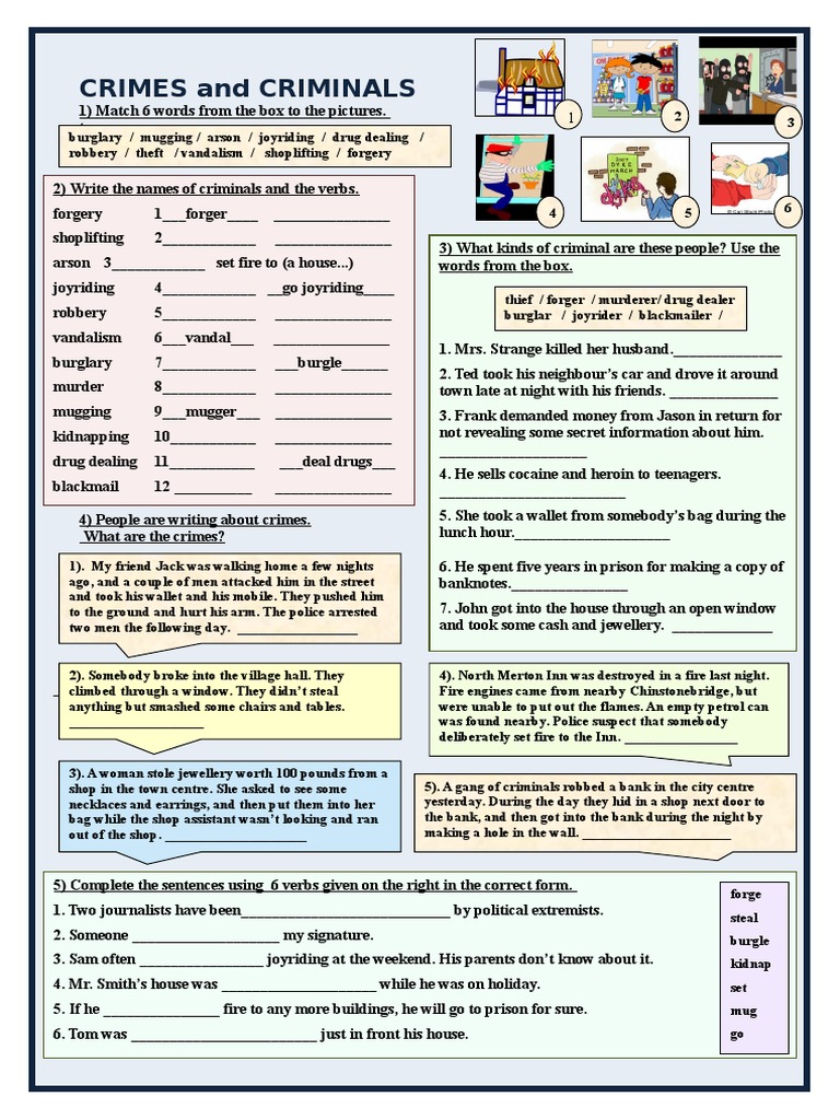 Crimes and Criminals Vocabulary Picture Description Exercises Reading ...
