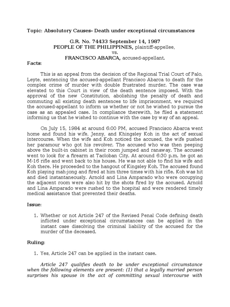 65 People v. Abarca (Absolutory Causes - Death Under Exceptional ...