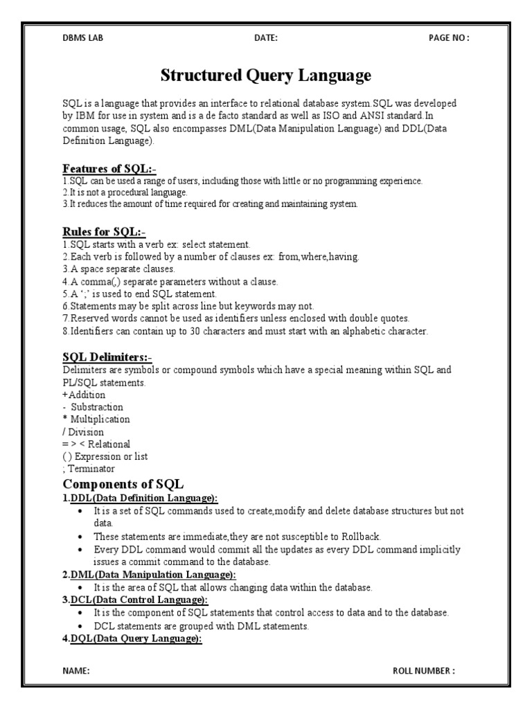 Structured Query Language: Features of SQL | PDF | Relational Database | Pl/Sql