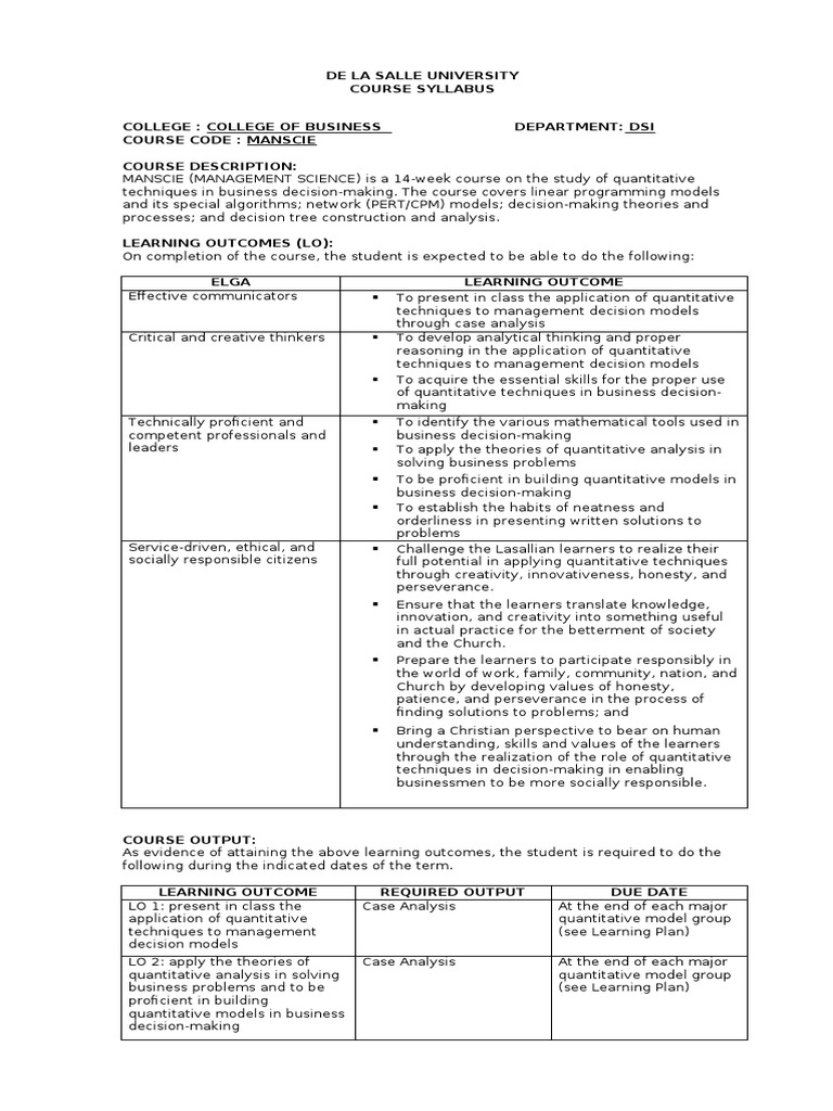 DLSU Undergrad Syllabus | PDF | Decision Making | Creativity