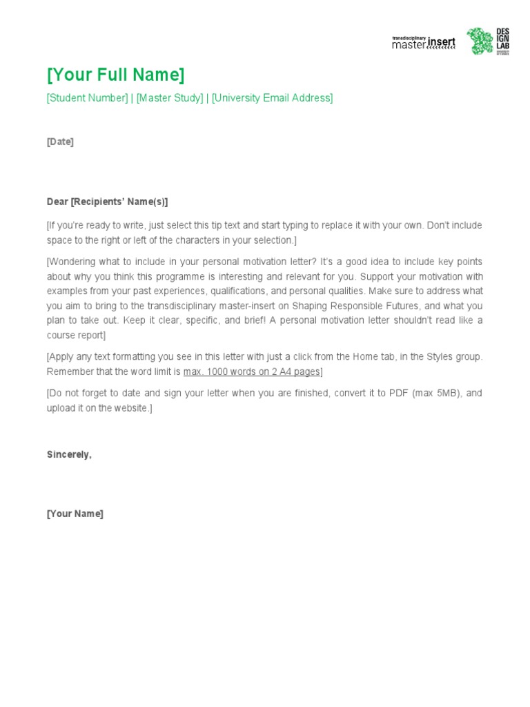 Motivation Letter Tenmplate | PDF