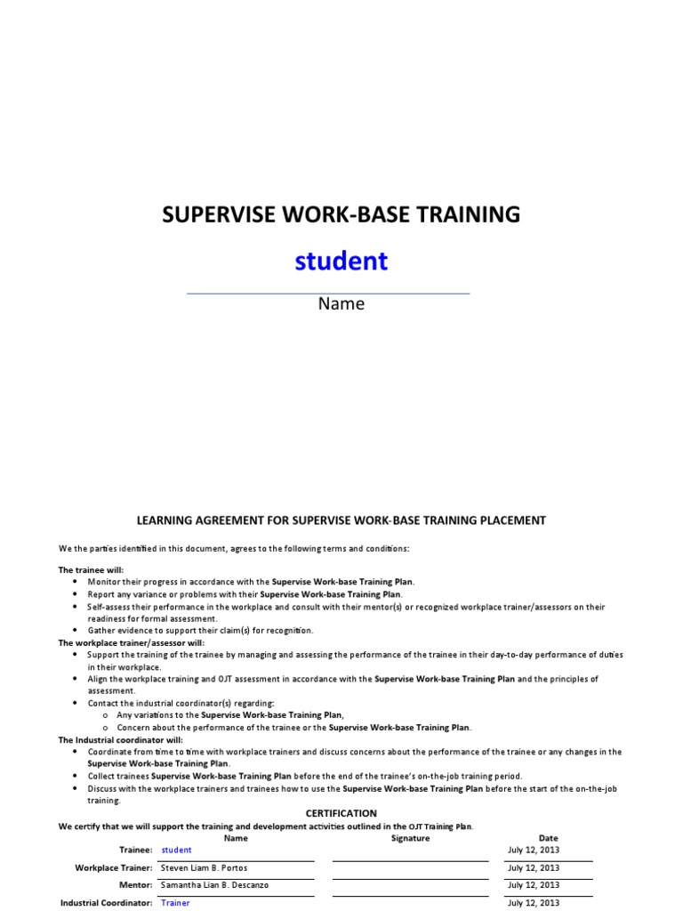 Supervise Work-Based Training Plan"The provided title is ...