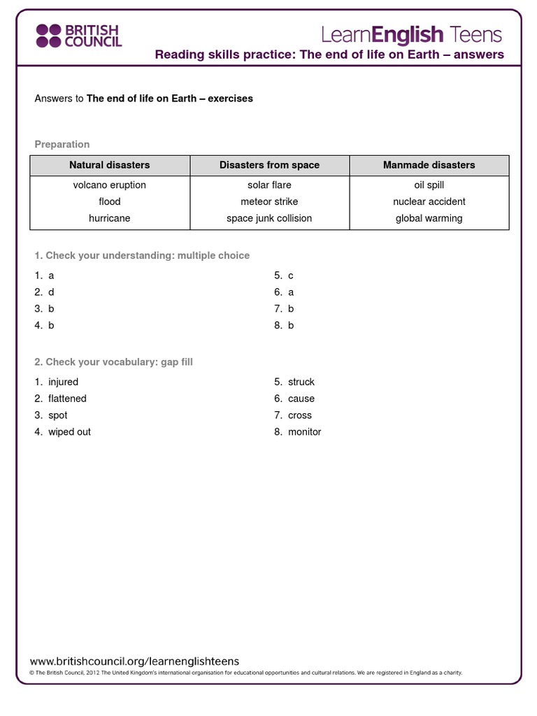 Reading Skills Practice: The End of Life On Earth - Answers ...
